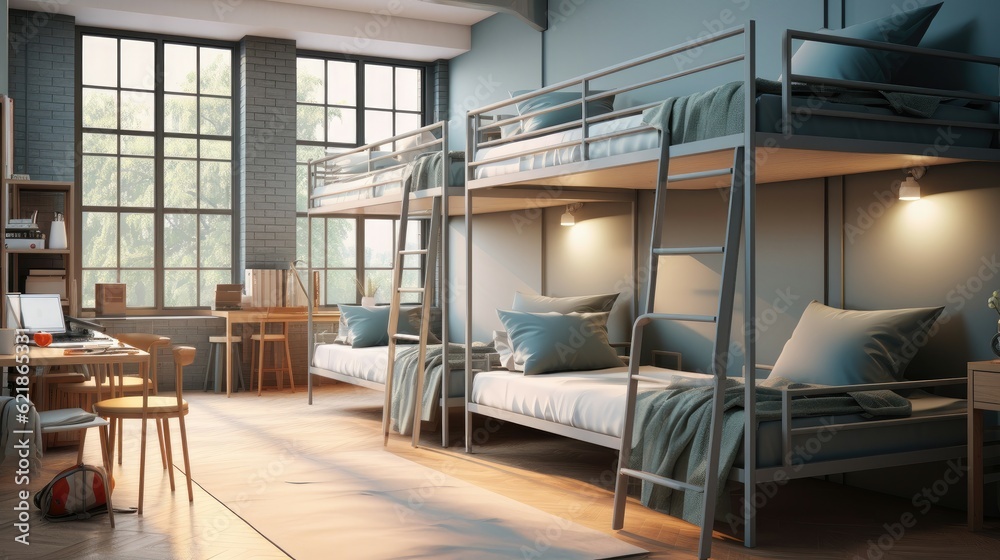 four-person student dorm room, bunk bed, neat and clean, minimalist ...