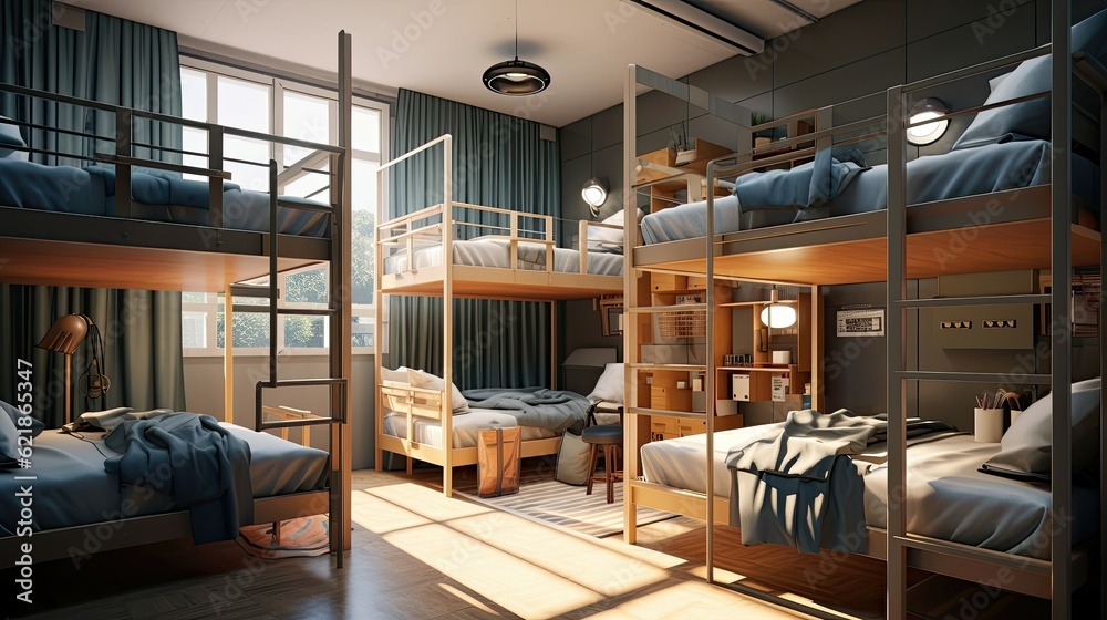 four-person student dorm room, bunk bed, neat and clean, minimalist ...