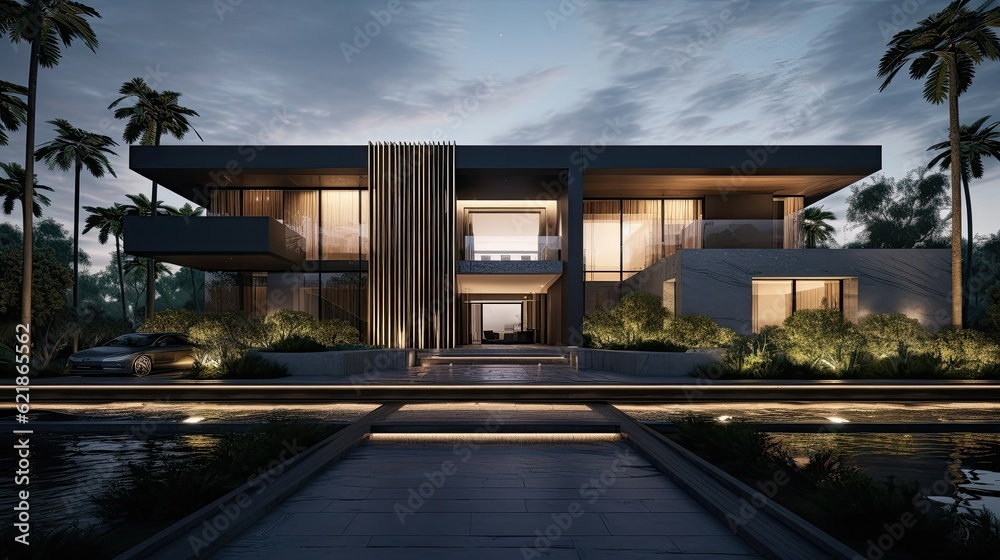 Spacious villa exterior dark modernism, sheer and opaque, nature ...