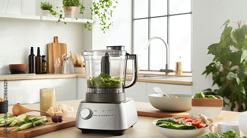 minimalist kitchen workspace with a food processor and vegetables ...
