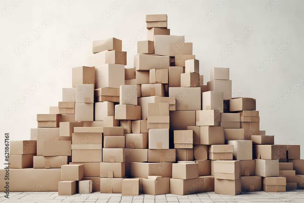 Huge pile of many cardboard plain boxes on white background. Lots of of ...
