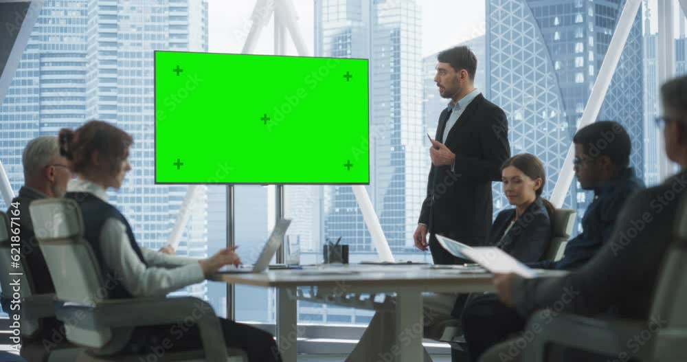 Office Conference Room Meeting Presentation: Caucasian Businessman ...