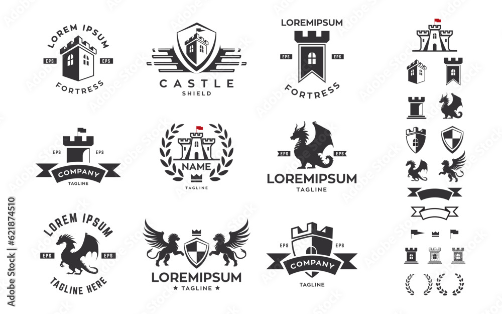 Medieval castle logo elements, with Dragons, shields, wreaths, banners ...