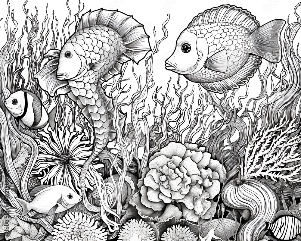Coral Reef Coloring pages, ocean coloring book page for adults, Ocean ...