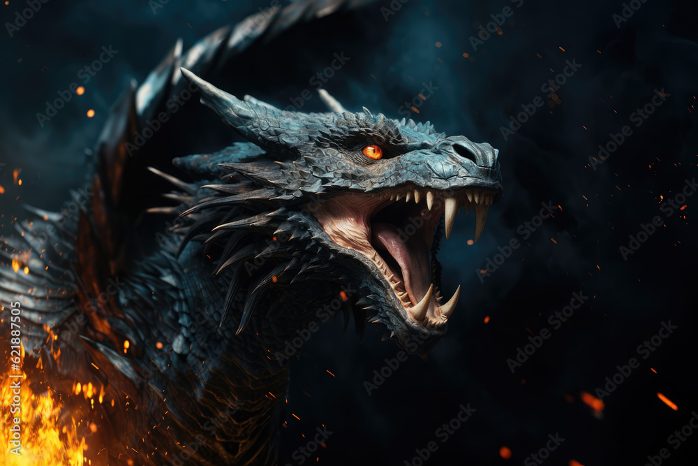 Roar of the Dragon. A majestic dragon roaring with pride and spitting fire, isolated on a solid ...