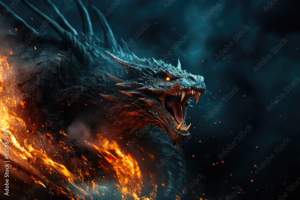 Roar of the Dragon. A majestic dragon roaring with pride and spitting fire, isolated on a solid ...