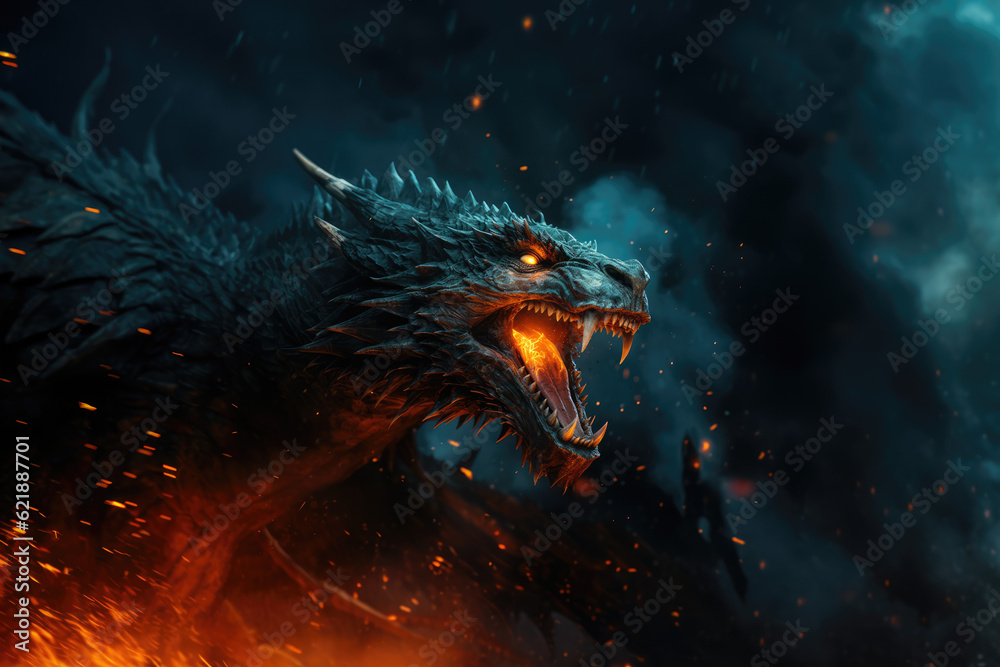 Roar of the Dragon. A majestic dragon roaring with pride and spitting fire, isolated on a solid ...