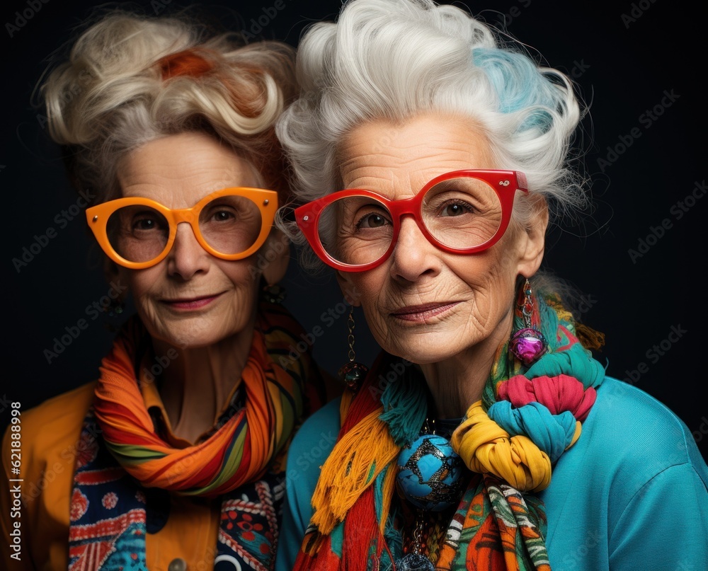 Two older women wearing colorful glasses posing for a picture. Generative AI image. Stock Photo ...