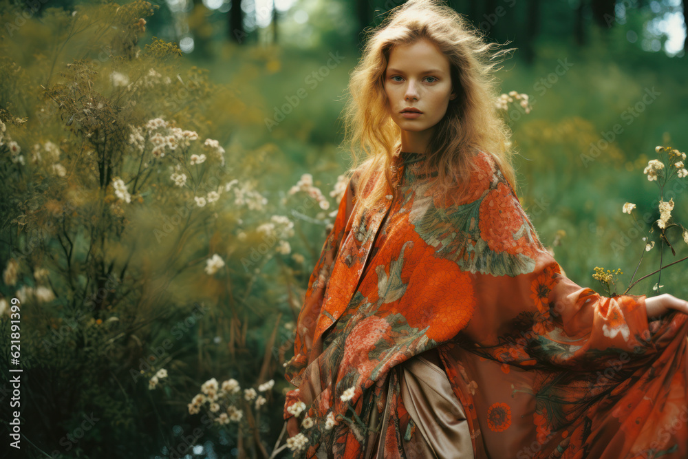 portrait of a woman/model/book character standing in a green nature ...