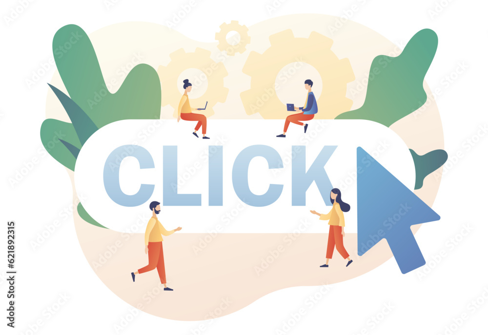 Cursor pointer sign. Click here button. Tiny people with huge mouse ...