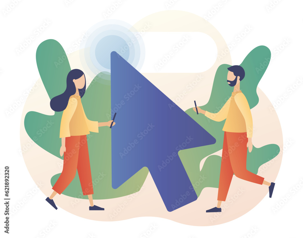 Cursor pointer sign. Tiny people with huge mouse arrow click. Click here button. Internet ...