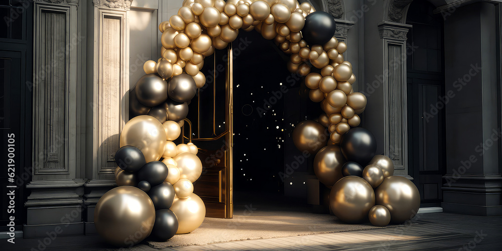 Arch of balloons with flowers.Decorated entrance door Exterior facade ...