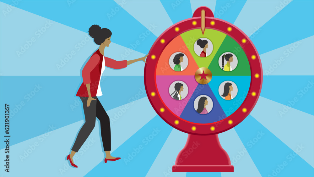 Lucky draw winner, wheel of fortune with different candidates for ...