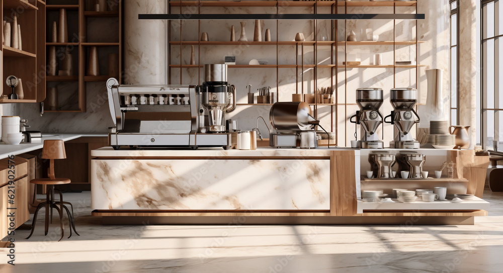 Small modern Korean style design cafe, glossy ivory white round corner ...