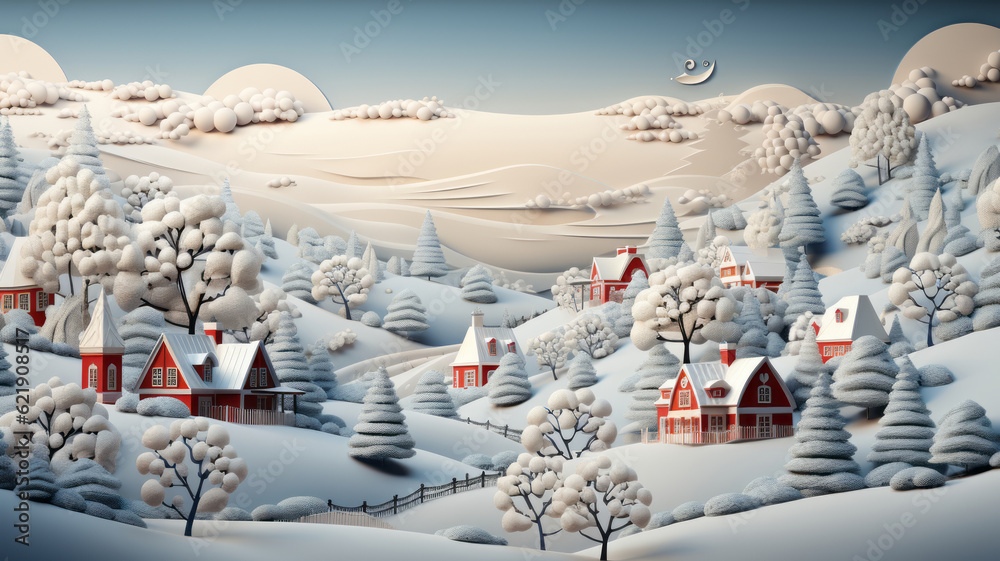 red and white snowy village in winter background for the Christmas card ...