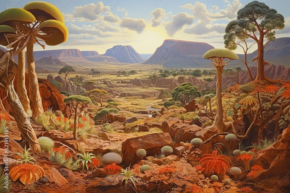 landscape of Mars with water and atmosphere, as the birthplace of life ...