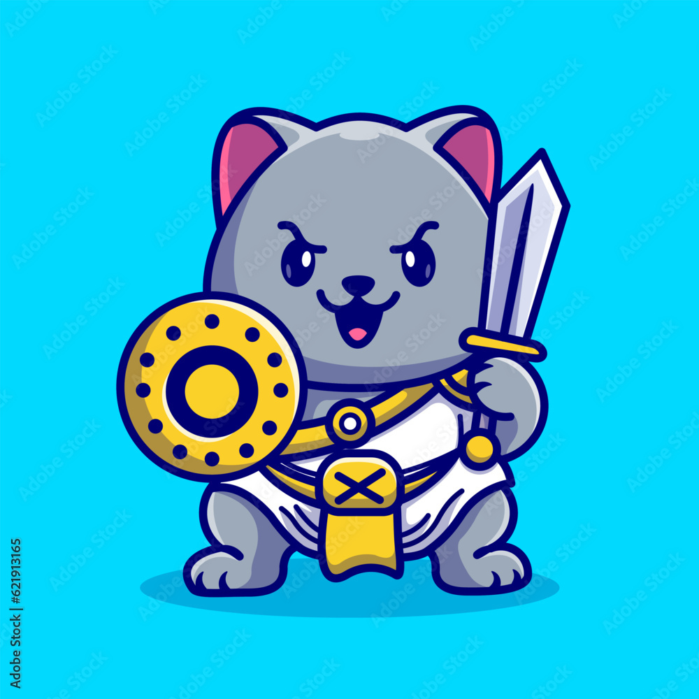 Cute Cat Gladiator Warrior Holding Sword And Shield Cartoon Vector Icon ...