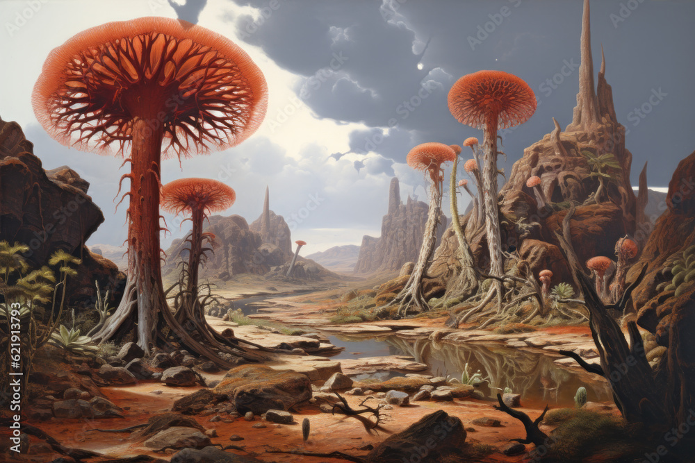 landscape of Mars with water and atmosphere, as the birthplace of life ...