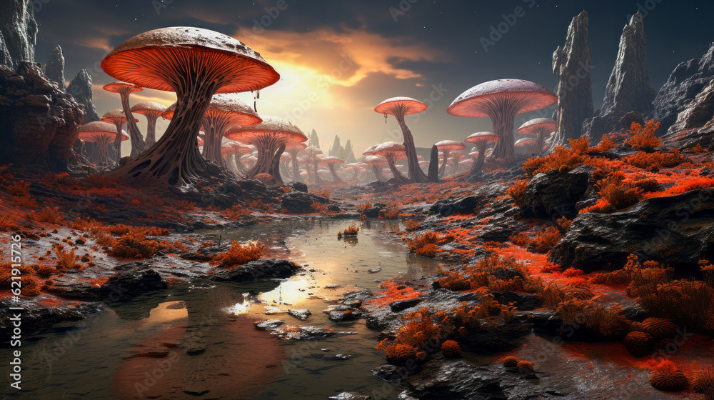 landscape of Mars with water and atmosphere, as the birthplace of life ...