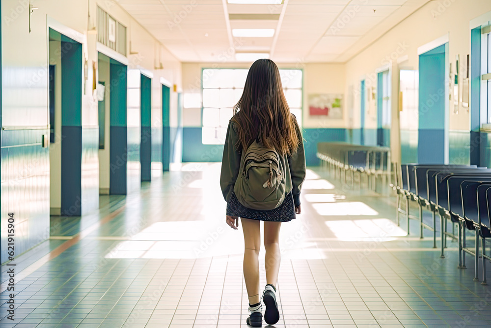 Schoolgirl walking alone down school hallway from the back. Lonely female student in corridor of ...