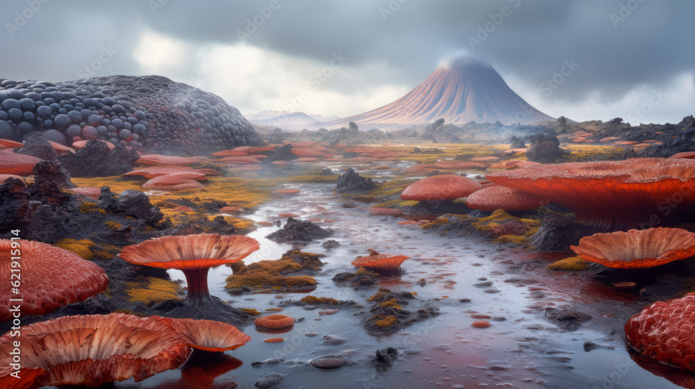 landscape of Mars with water and atmosphere, as the birthplace of life ...