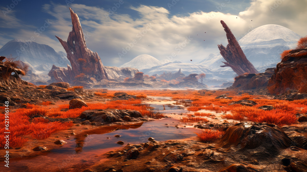 landscape of Mars with water and atmosphere, as the birthplace of life ...