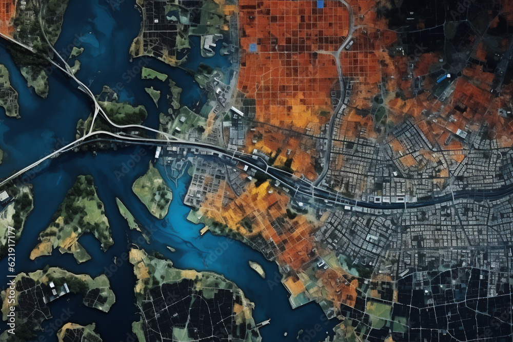 GIS digital representation of city urban areas, including roads and ...