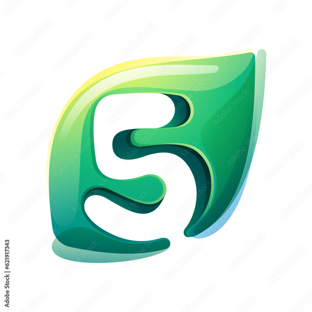 5 logo. Number five carved in green leaf. 3D realistic icon ...