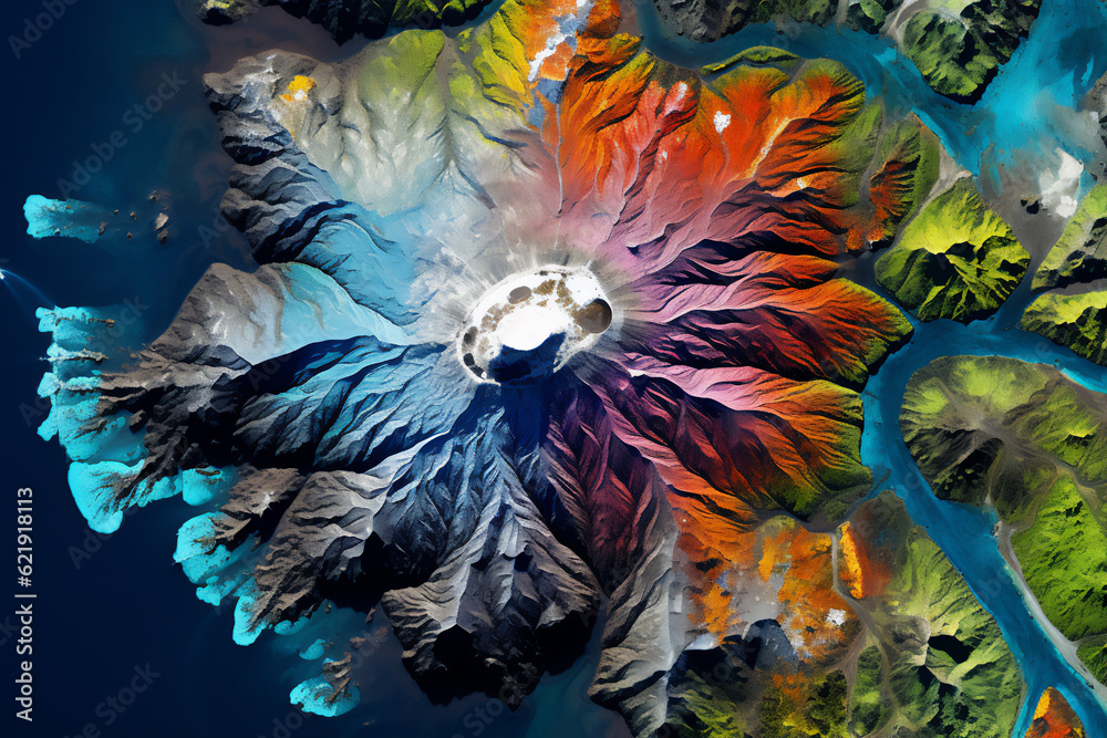 3d image of volcano with elevation colors. Satellite data created by ...