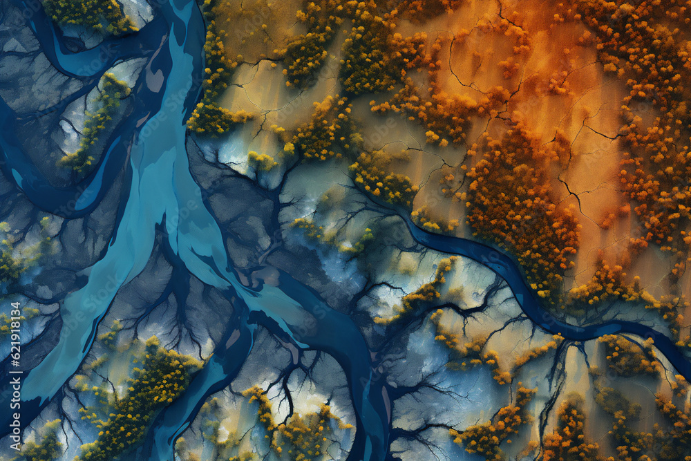 Digital elevation model of a riverway. A meandering and curving river ...