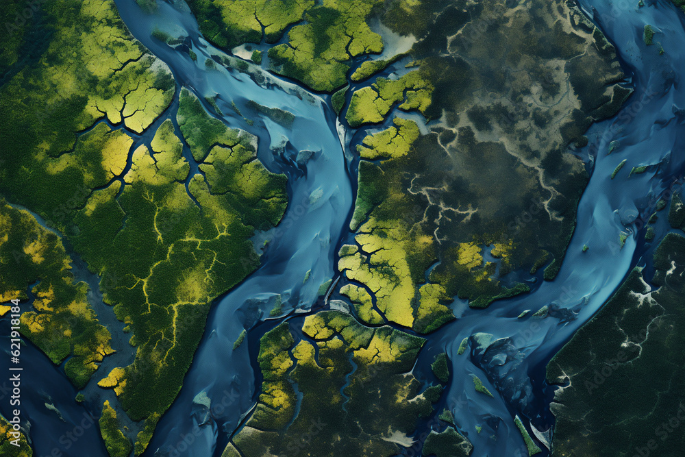 Digital elevation model of a riverway. A meandering and curving river ...