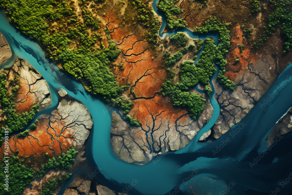 Digital elevation model of a riverway. A meandering and curving river ...