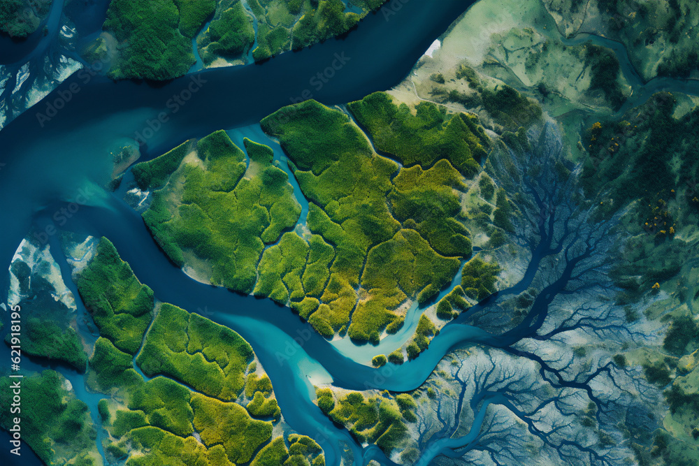Digital elevation model of a riverway. A meandering and curving river ...