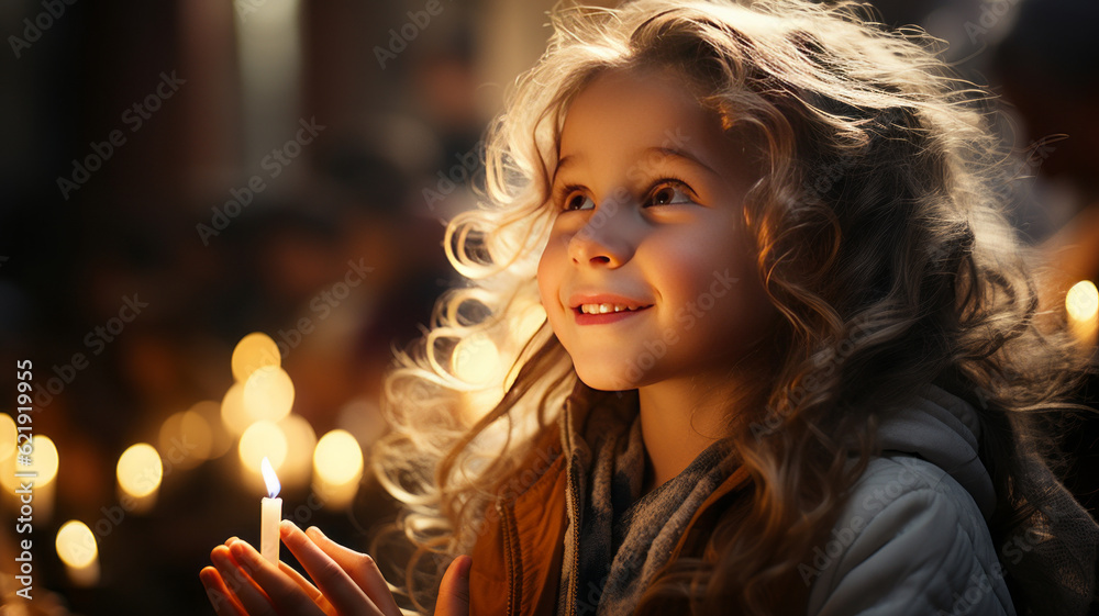 cute small girl praying in the church and Jesus giving blessing ...