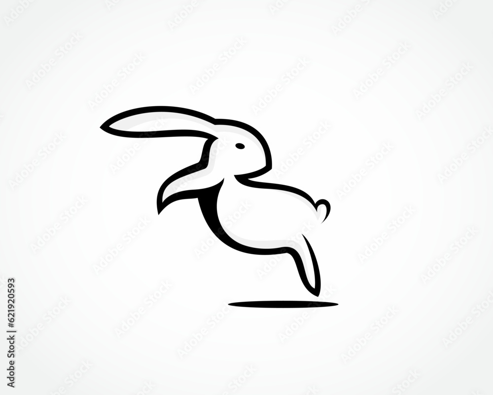 jumping run looking back line art bunny rabbit logo design template ...