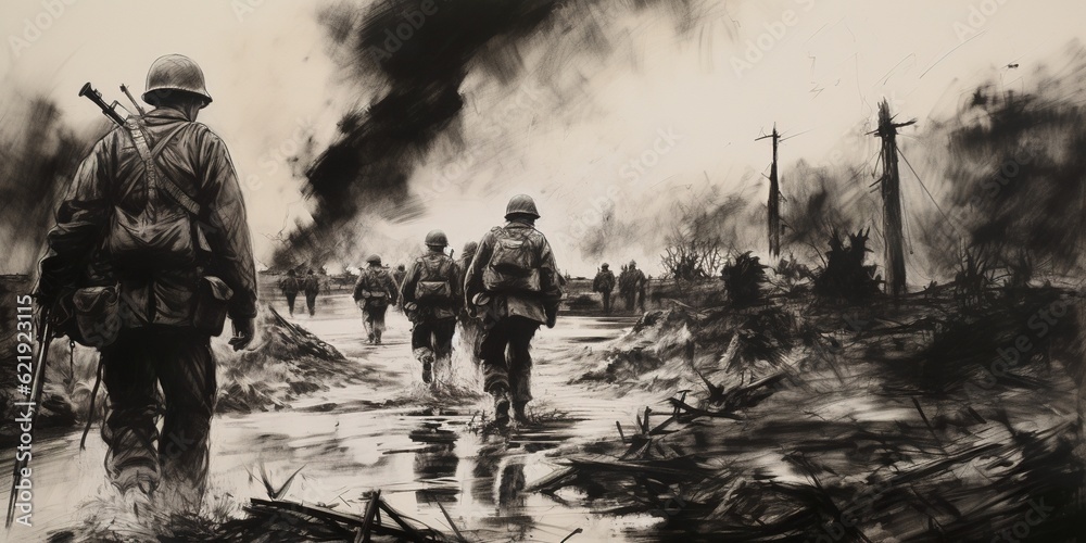 Charcoal sketch of D-Day invasion scene on June 6 1944 in Normandy. Ai ...