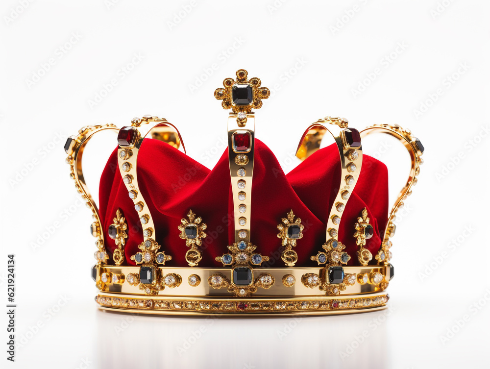 A king crown made of gold isolated on plain background. Decorated with ...