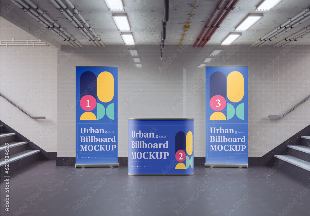 Subway Scene with Roll-Up Banners and Stand Mockup Stock Template ...