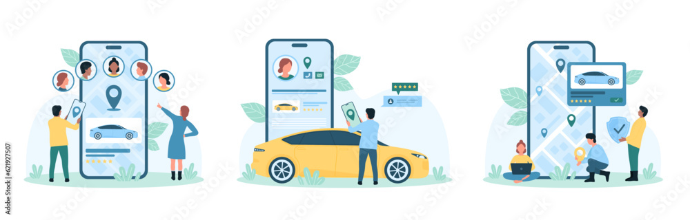 Rent and share car set vector illustration. Cartoon tiny people holding ...