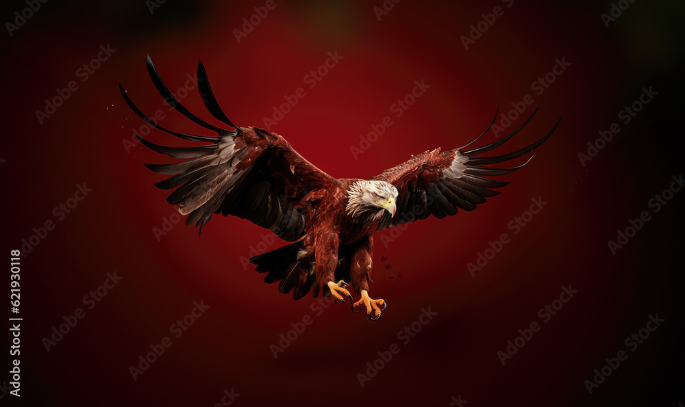 Majestic Flight. Royal eagle in action, isolated on a solid red ...