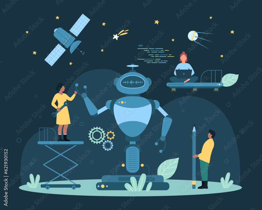 Cartoon tiny people building cyborg with electronic tools, software and ...