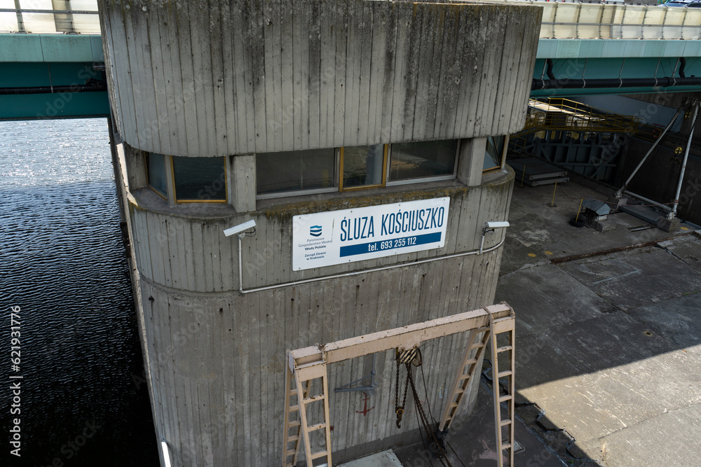 Śluza Kościuszko waterway lock. Barrage on Vistula River, Wisla water ...