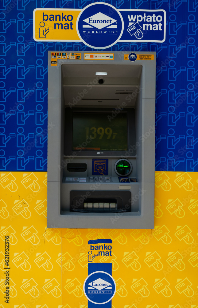 Euronet Worldwide ATM machine at the entrance to bank office building ...