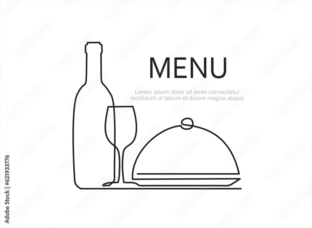 Continuous one single line drawing of bottle of wine, glass and metal ...