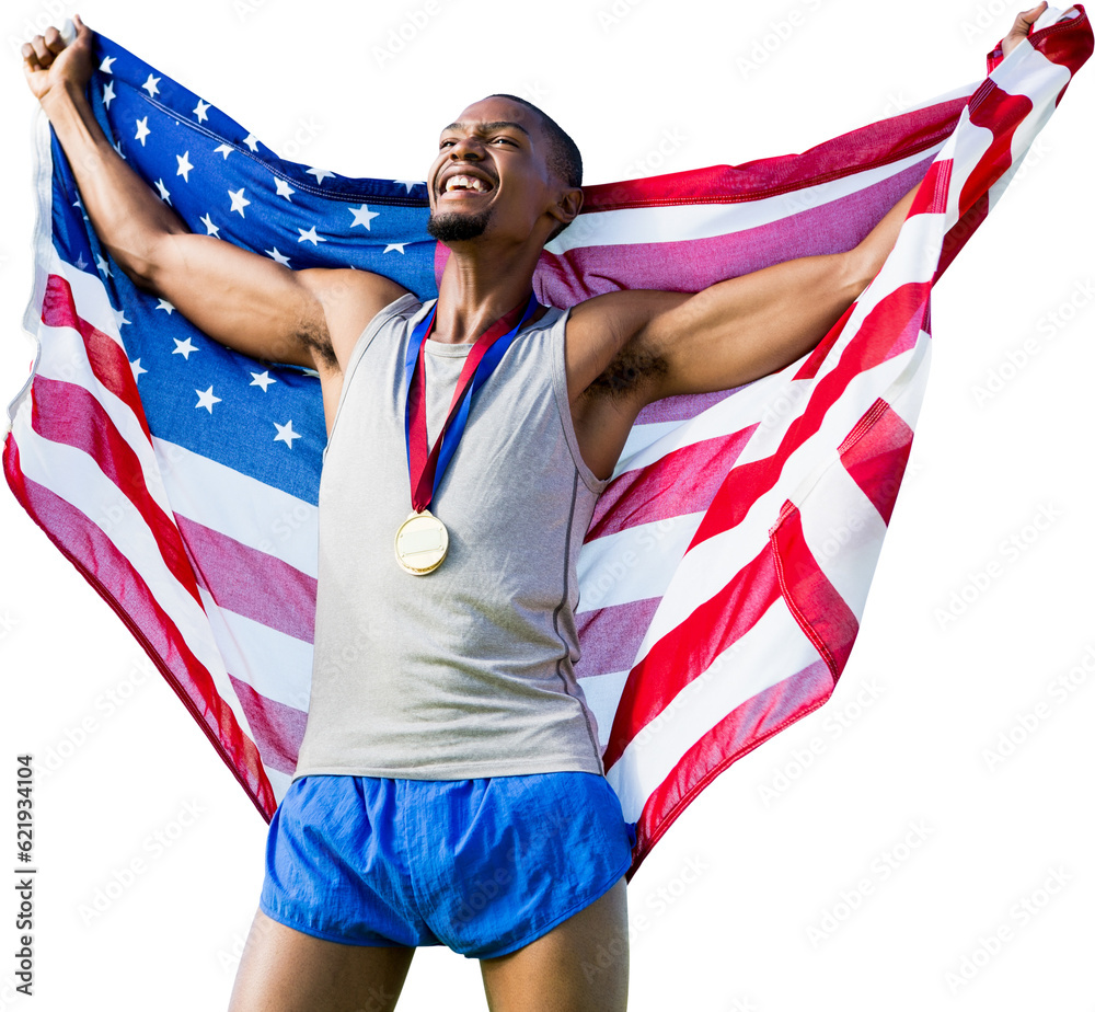 Digital png photo of biracial medallist with flag on back on ...