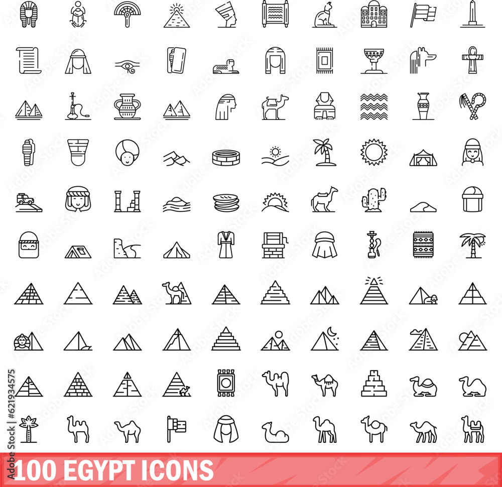 100 egypt icons set. Outline illustration of 100 egypt icons vector set ...