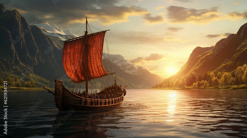 Historical Viking Ship in All its Glory, Sailing on a Norwegian Fjord ...