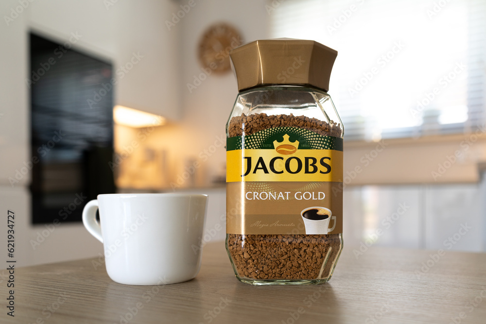 Jacobs Cronat Gold instant coffee. Glass jar filled with granules ...
