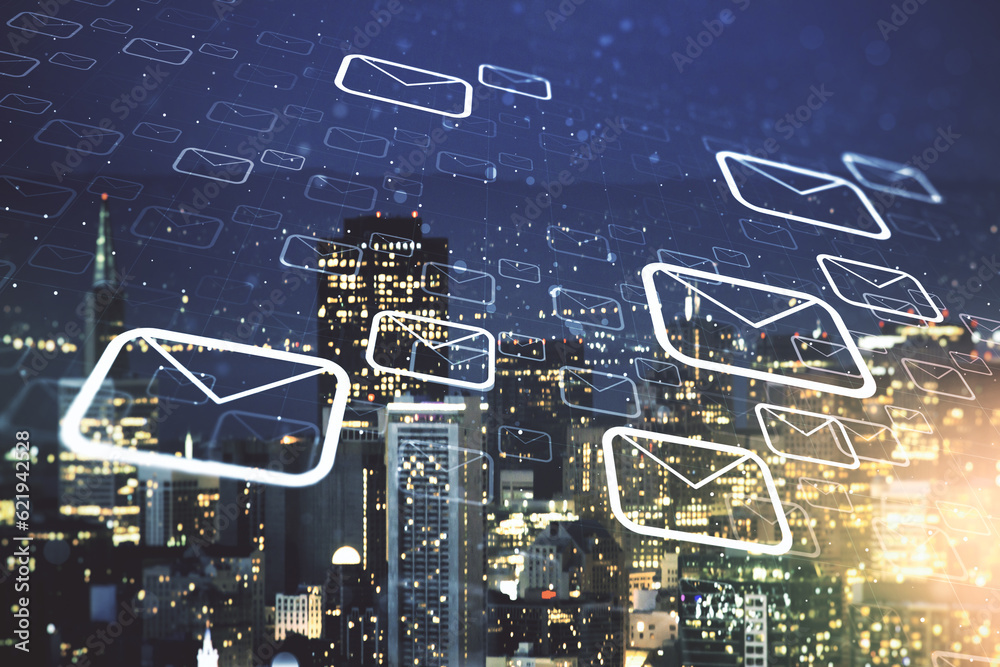 Abstract virtual postal envelopes illustration on San Francisco skyline ...