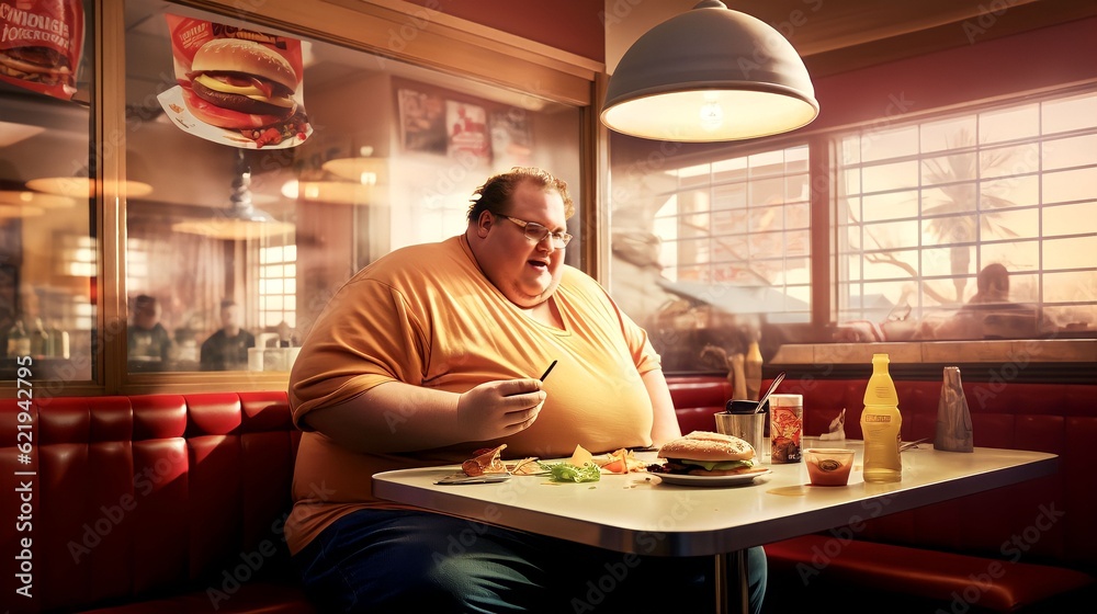 Fat man eating fast food or junk meal in a fast food restaurant Stock ...